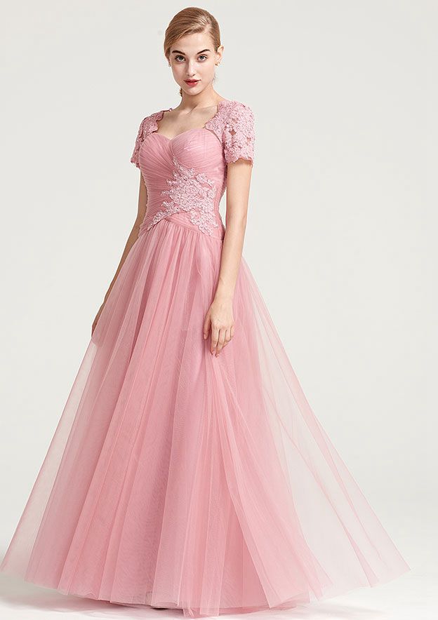 Short Sleeve Sweetheart A-line/Princess Long/Floor-Length Tulle Prom ...