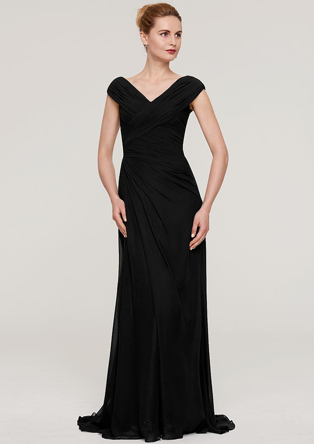V Neck Sleeveless Chiffon Sheath/Column Sweep Train Mother of the Bride ...