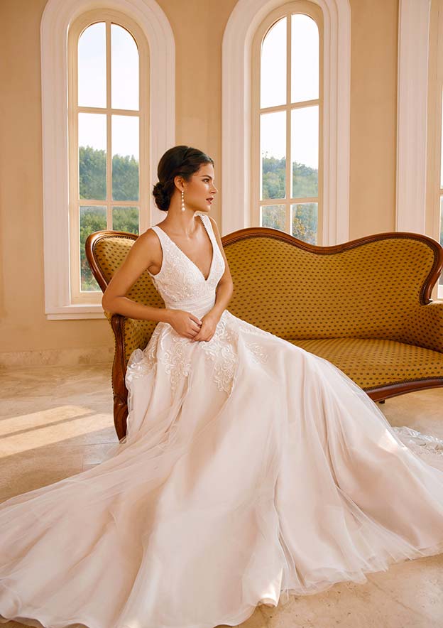 STACEES TINA WEDDING DRESS A-line V Neck Court Train Satin Tulle Lace With Sequins - Wedding ...