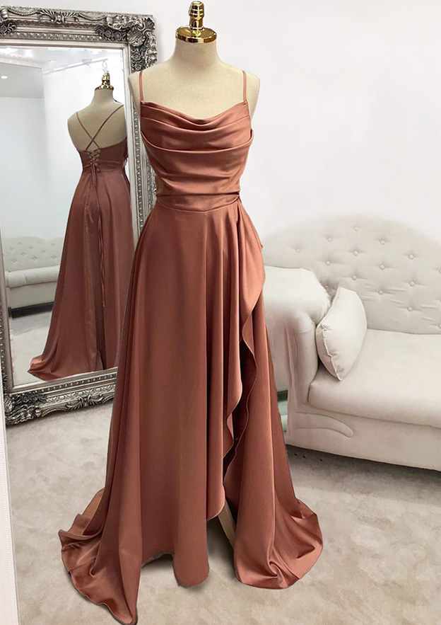 A-line Bateau Long/Floor-Length Satin Prom Dress With Pleated Split ...