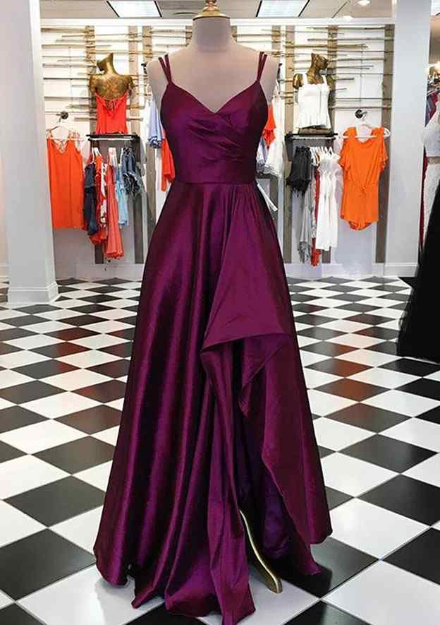 A-line V Neck Spaghetti Straps Long/Floor-Length Satin Prom Dress With ...