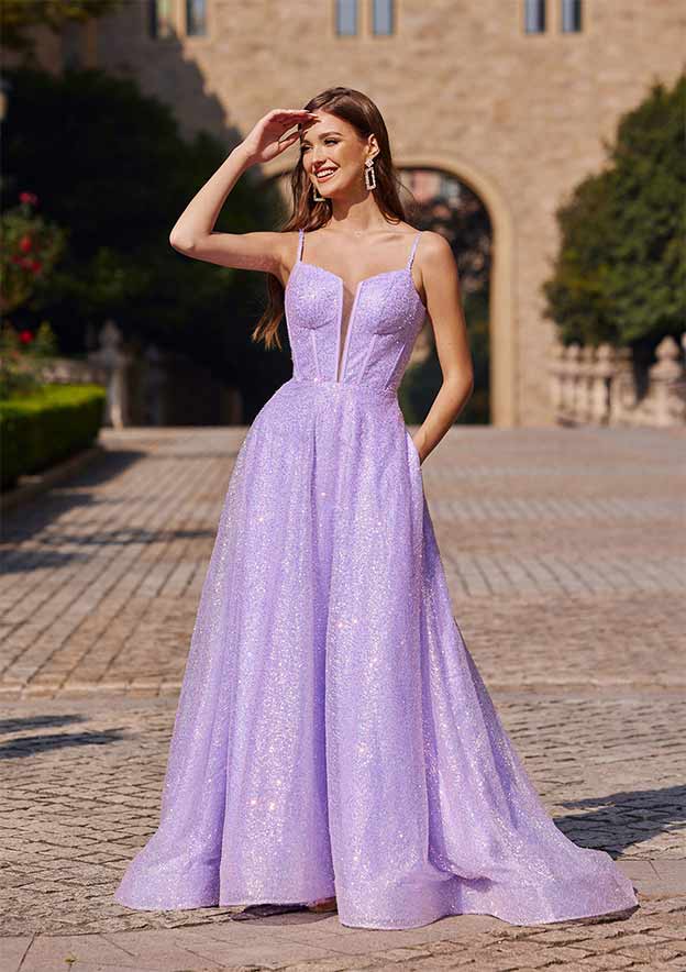 Prom Dress A-line Princess Sequined Prom Dress V Neck Sweep Train ...
