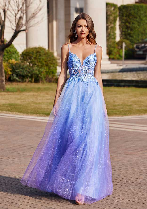 A-line Tulle Prom Dress V Neck Floor-Length with Appliqued Beading ...