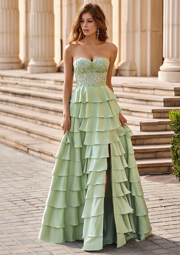 A-line Satin Prom Dress Sweetheart Sweep Train with Appliqued Beading ...